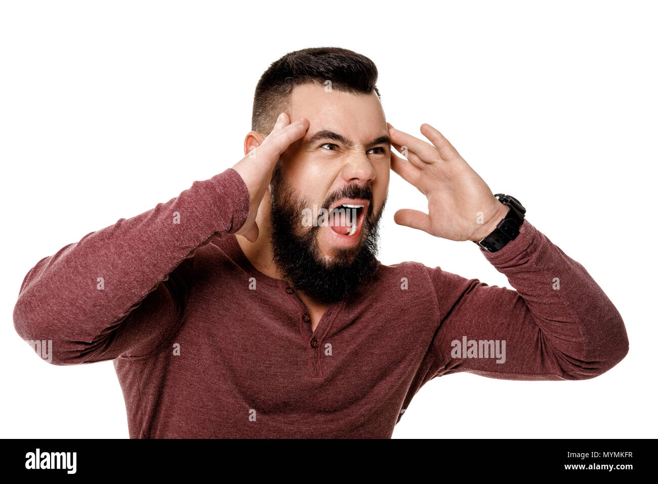 bearded man screaming on white background Stock Photo - Alamy