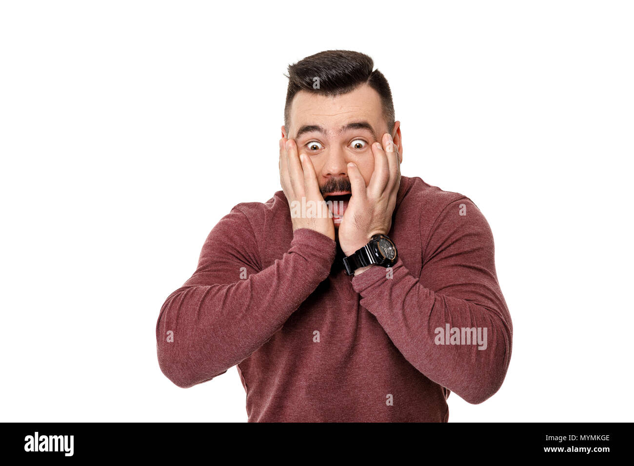 bearded football fan screaming on white background Stock Photo - Alamy