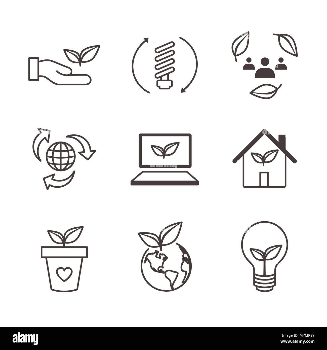 Environmental concerns icon set with lightbulb, hand holding leaf ...