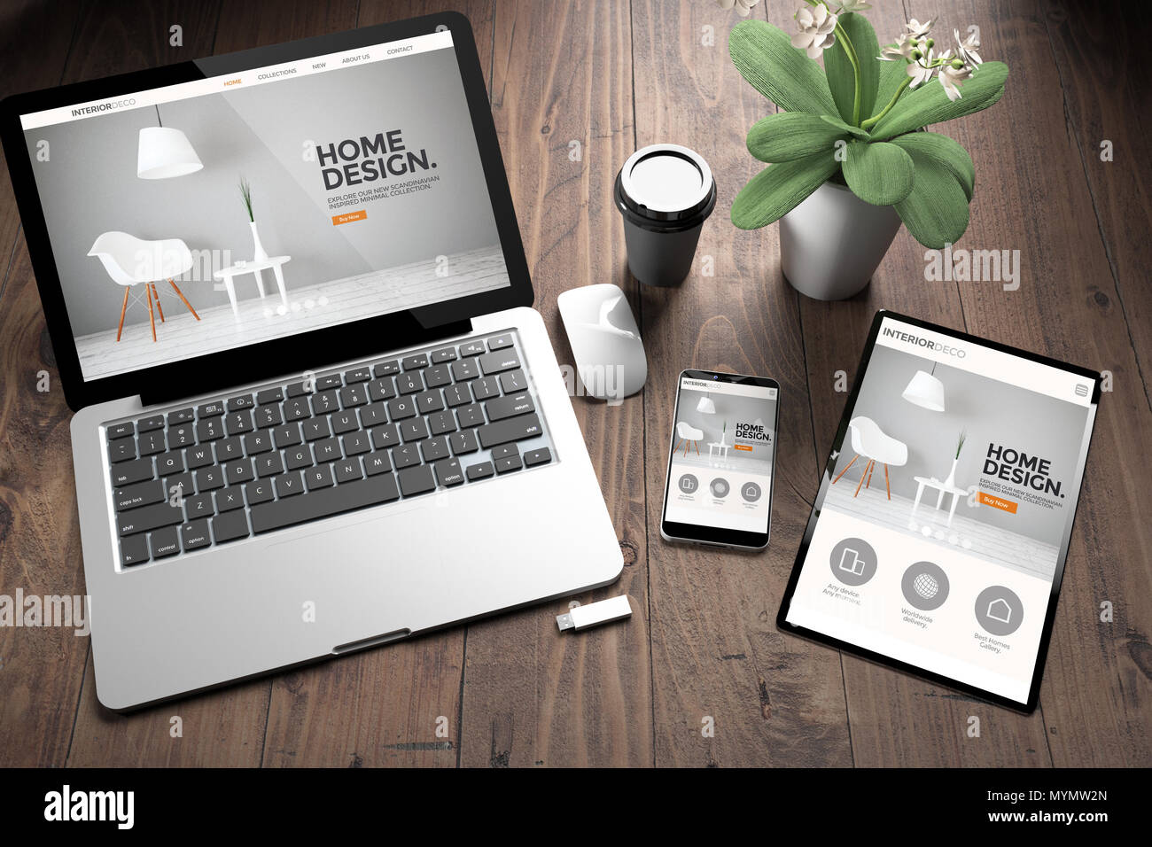 3d rendering of three devices with responsive directory interior design ...