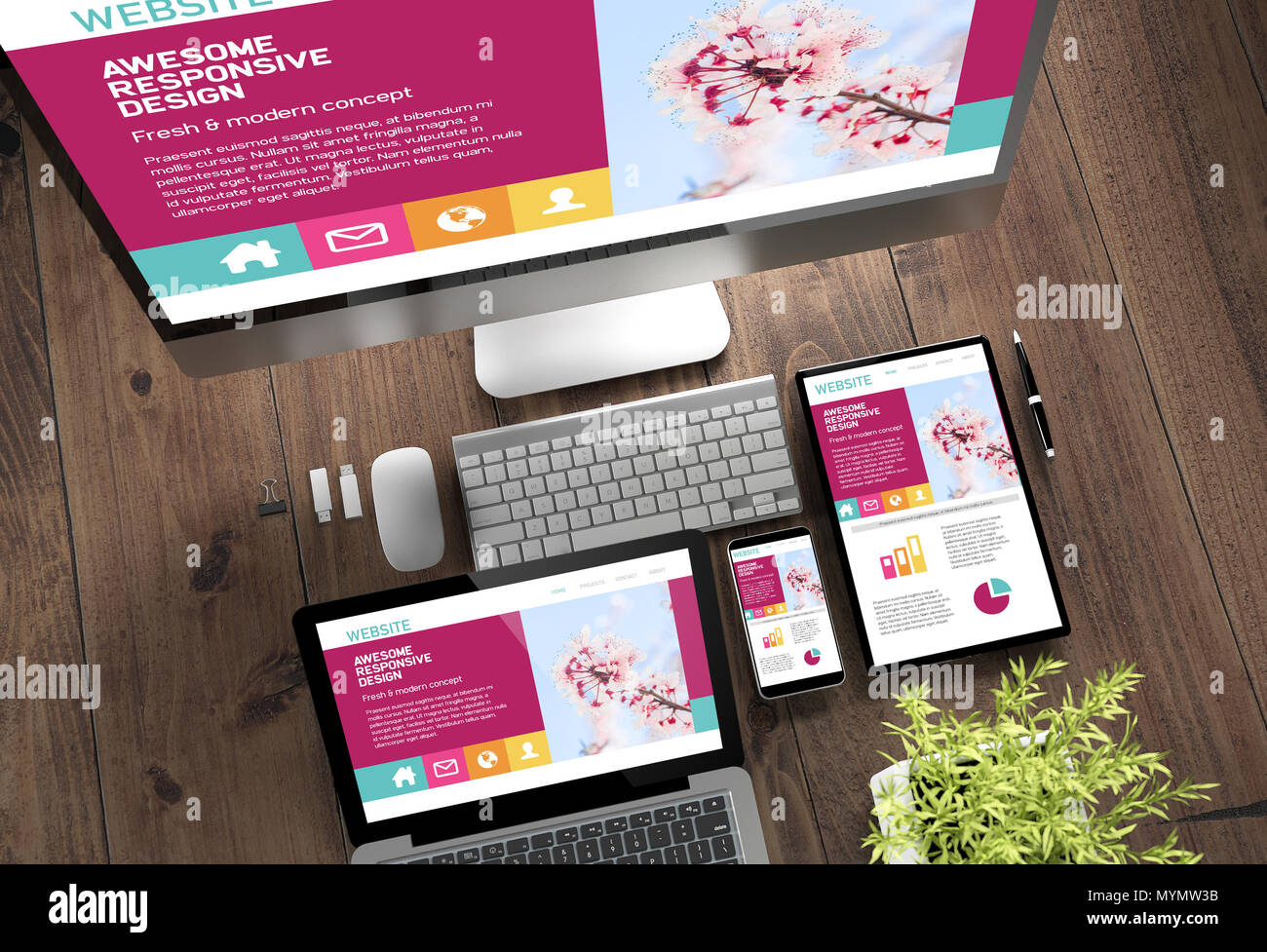 3d rendering top view of devices with responsive design on screen on ...
