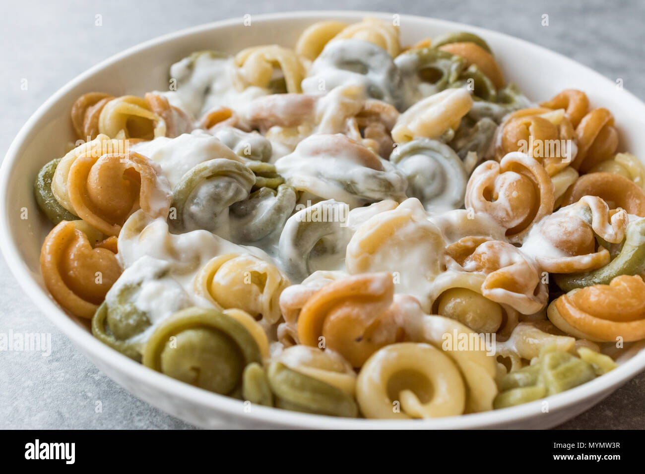 Ufo Shaped Colorful Pasta with Yogurt for Children. Organic Healthy ...