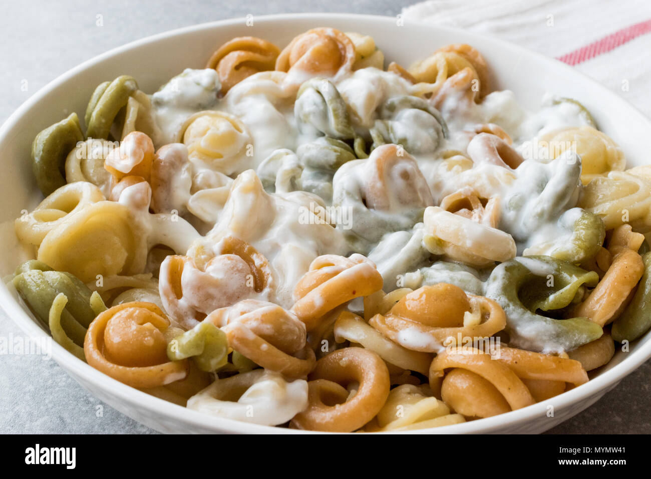 Ufo Shaped Colorful Pasta with Yogurt for Children. Organic Healthy ...