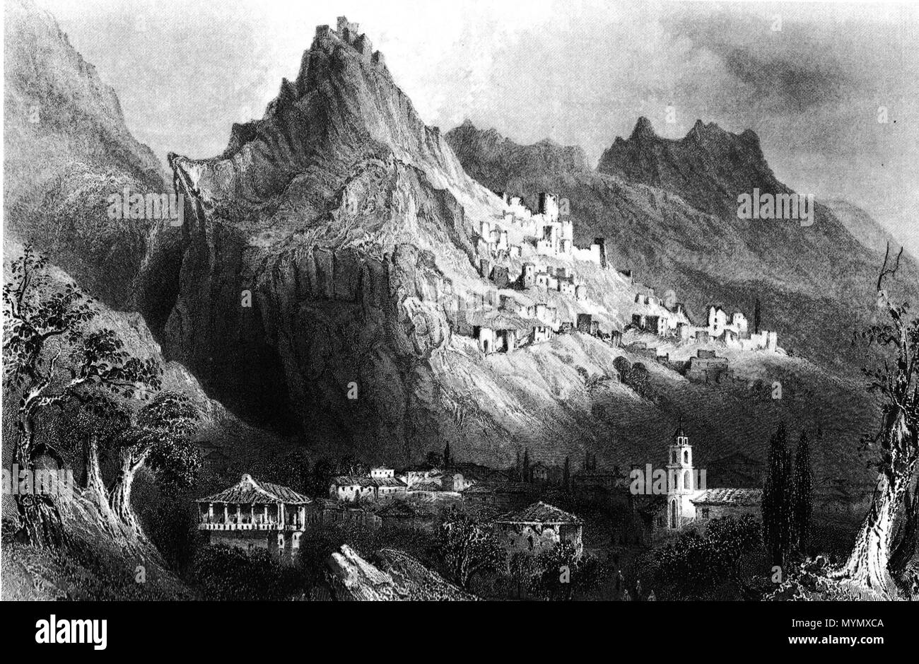 . Mystras around 1850. Drawing by W.H. Bartlett, engraving by R. Sands ...