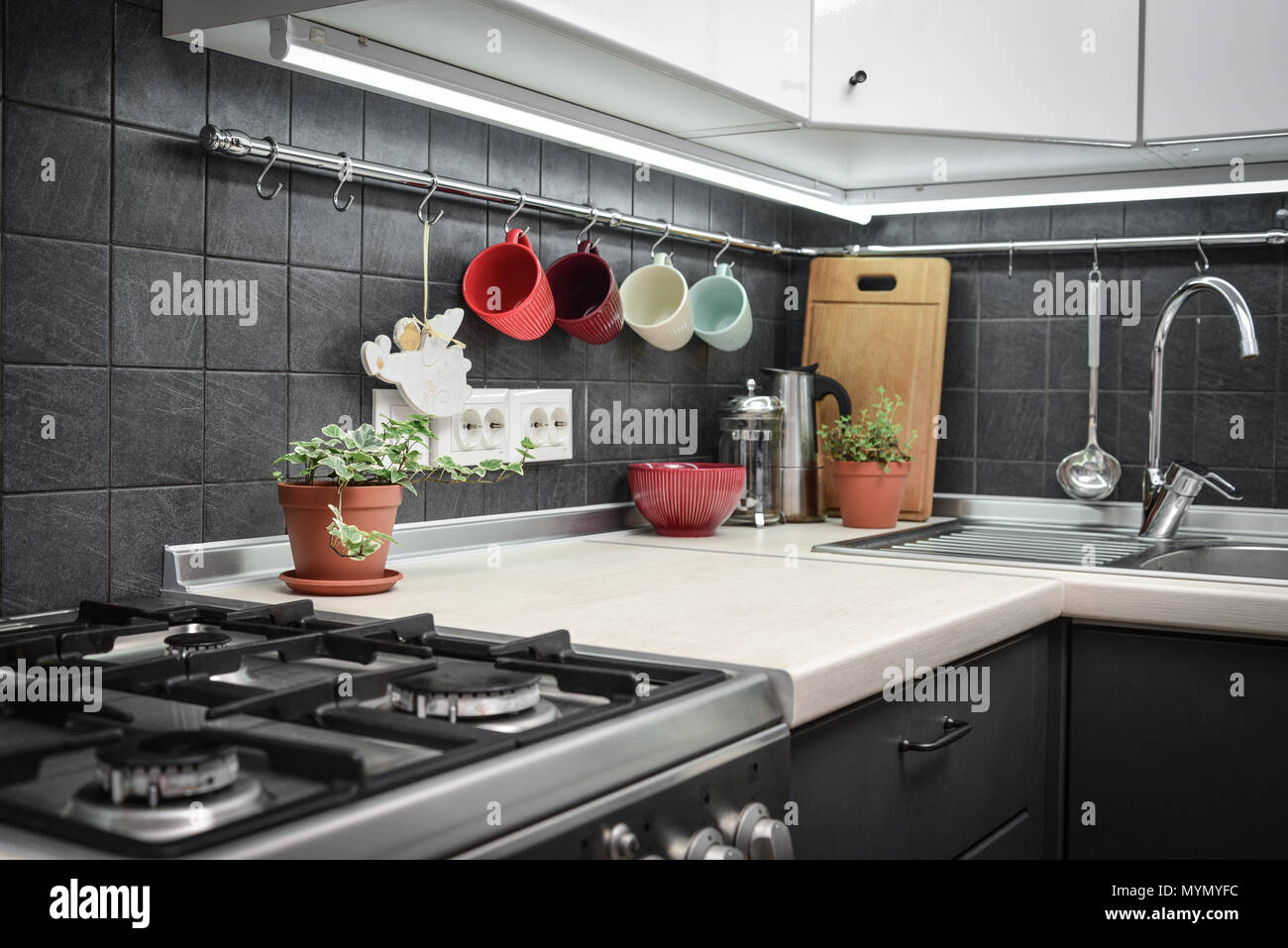 A fragment of the modern style kitchen with rail system and kitchen ...