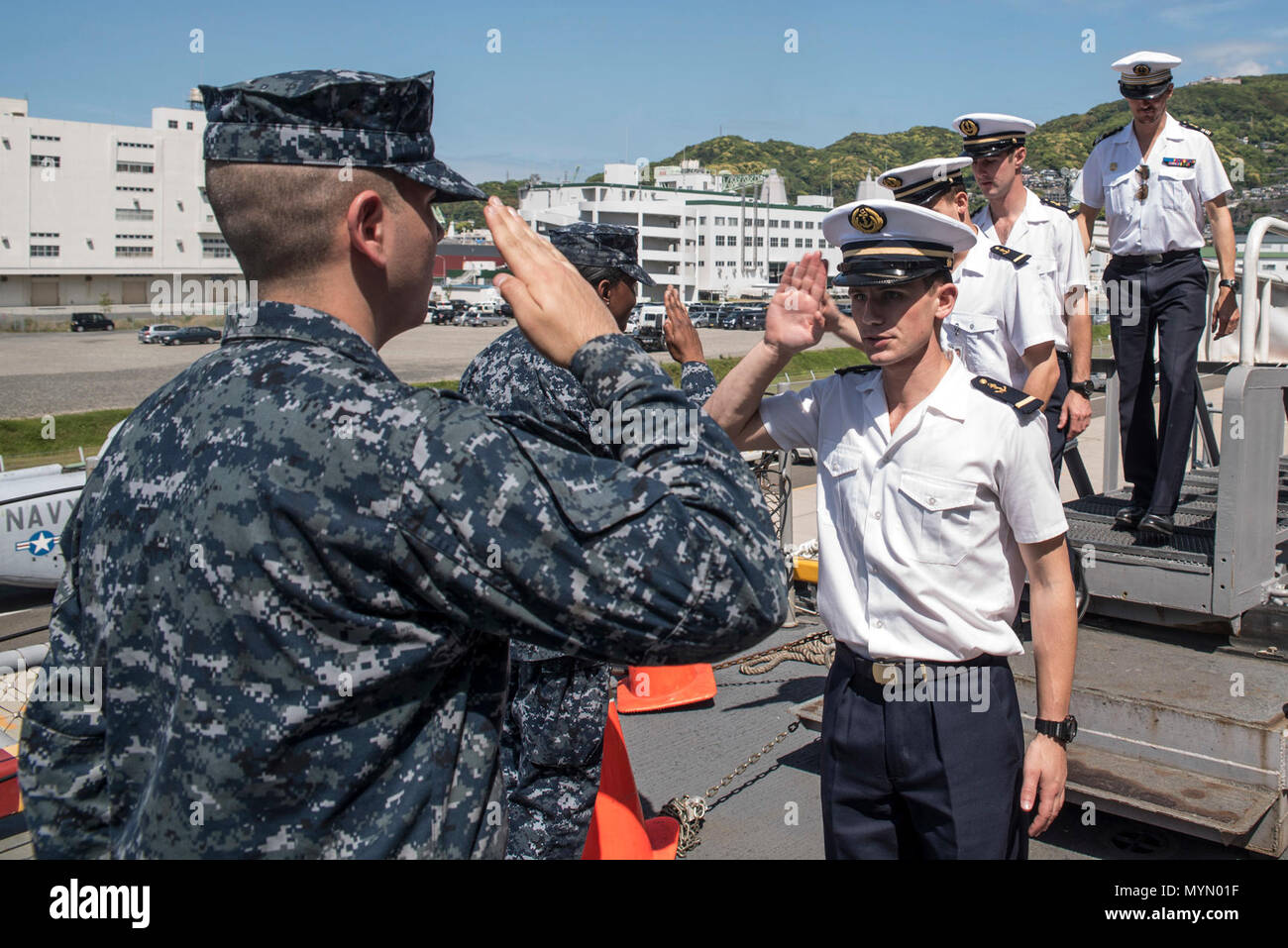 SASEBO, Japan (May 4, 2017) Seaman Recruit Marcel Esquivel, left, from ...