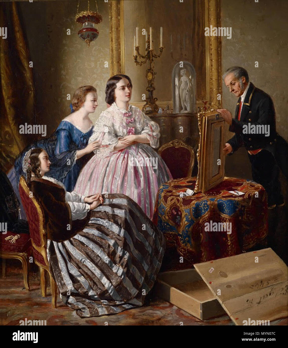 . English: Woman looking at a newly unpacked (portrait?) painting ...