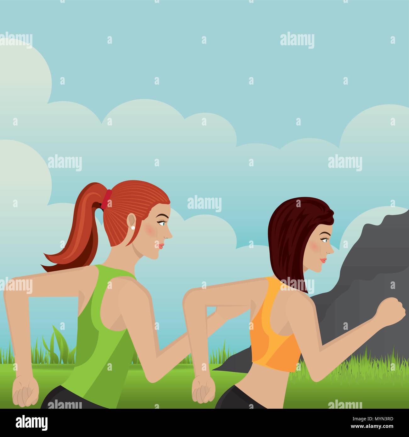 women running in the landscape vector illustration design Stock Vector ...