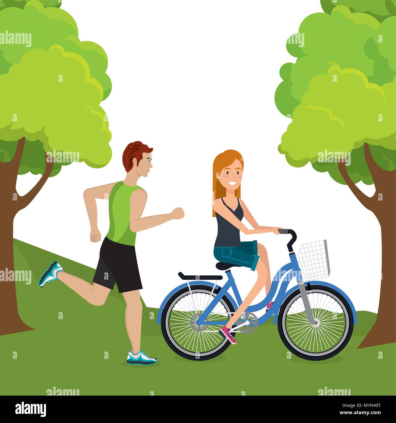 couple with bicycle in the landscape vector illustration design Stock ...
