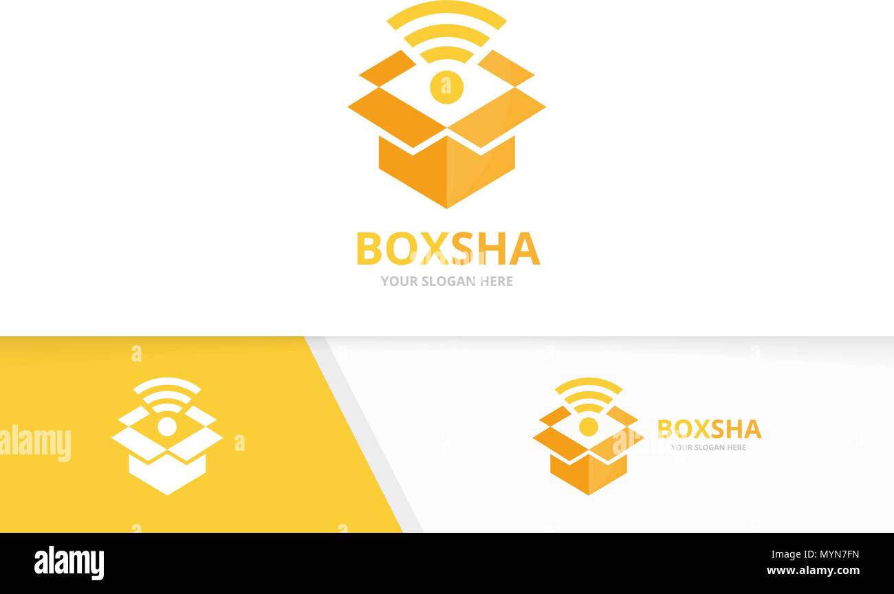 Vector box and wifi logo combination. Package and signal symbol or icon ...