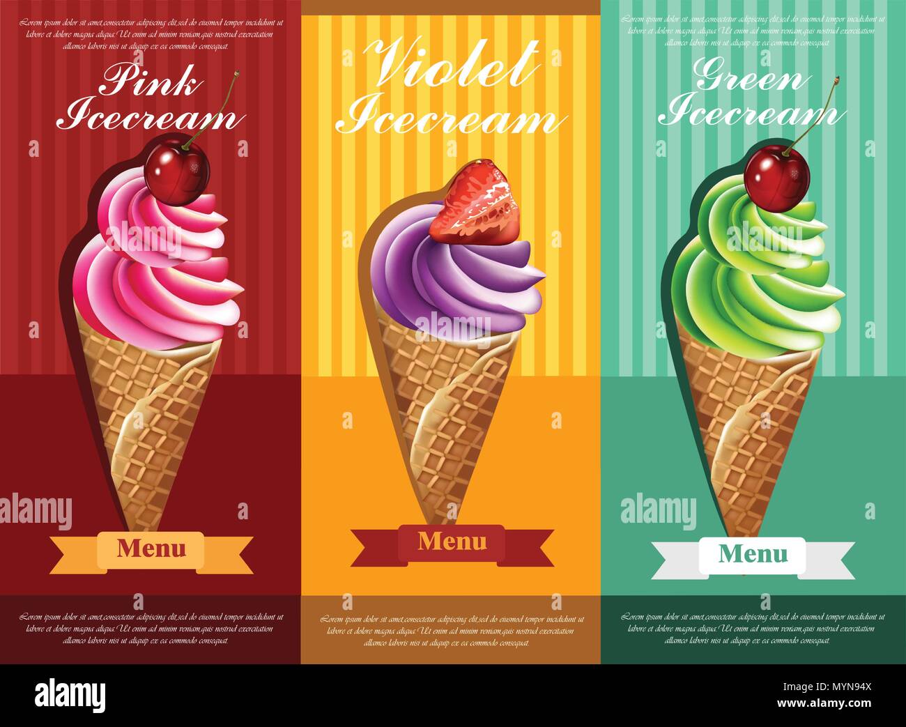 Ice cream set Vector. Colorful different flavors dessert banner ...