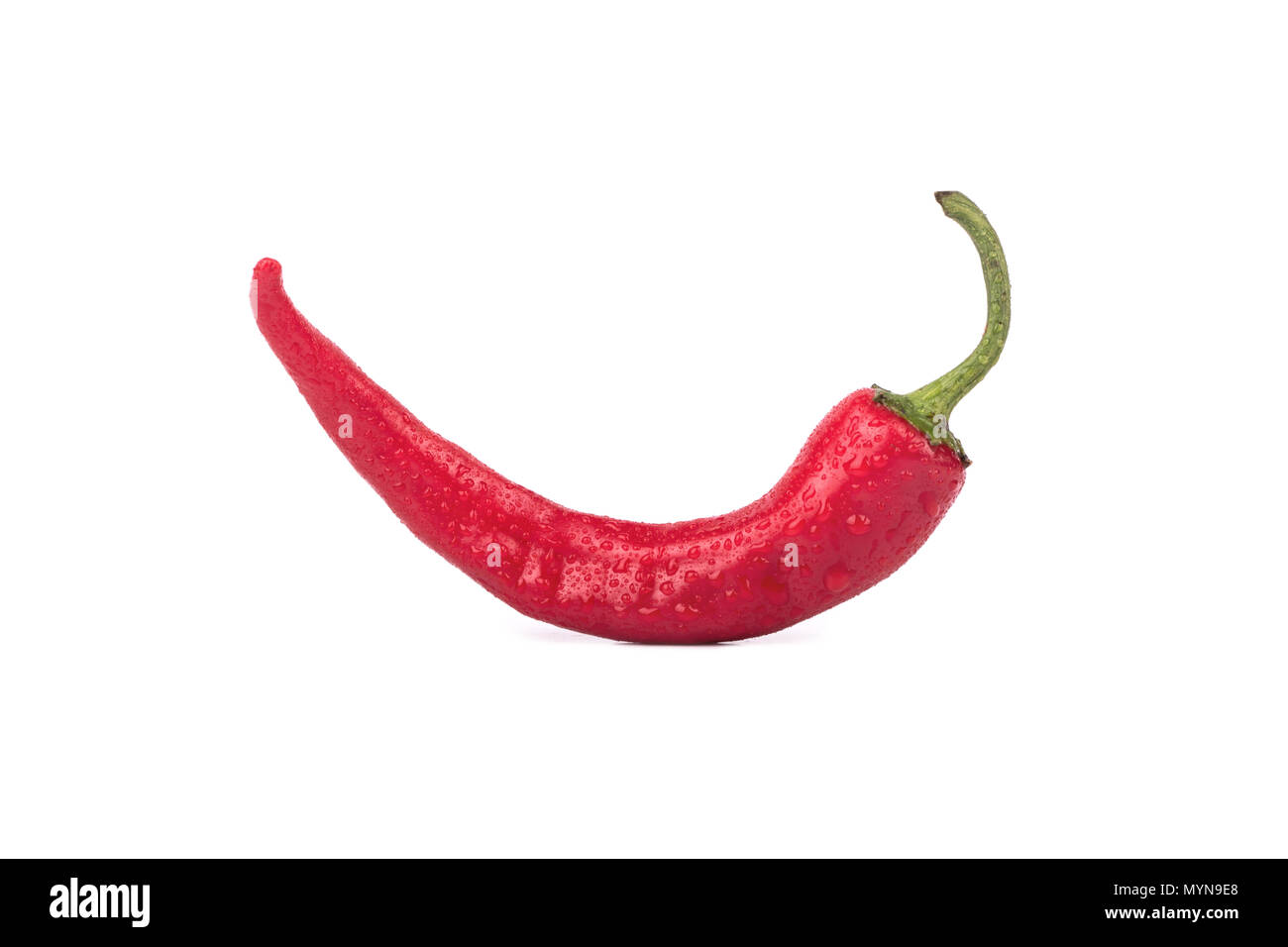 Fresh curved red hot chili peppers with drops isolated on white ...