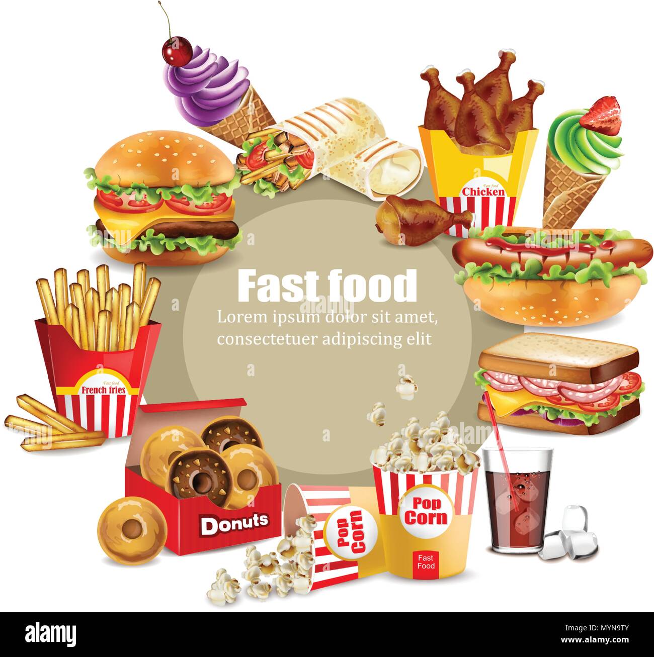 Fast food meals set Vector. Realistic detailed collection banner with ...