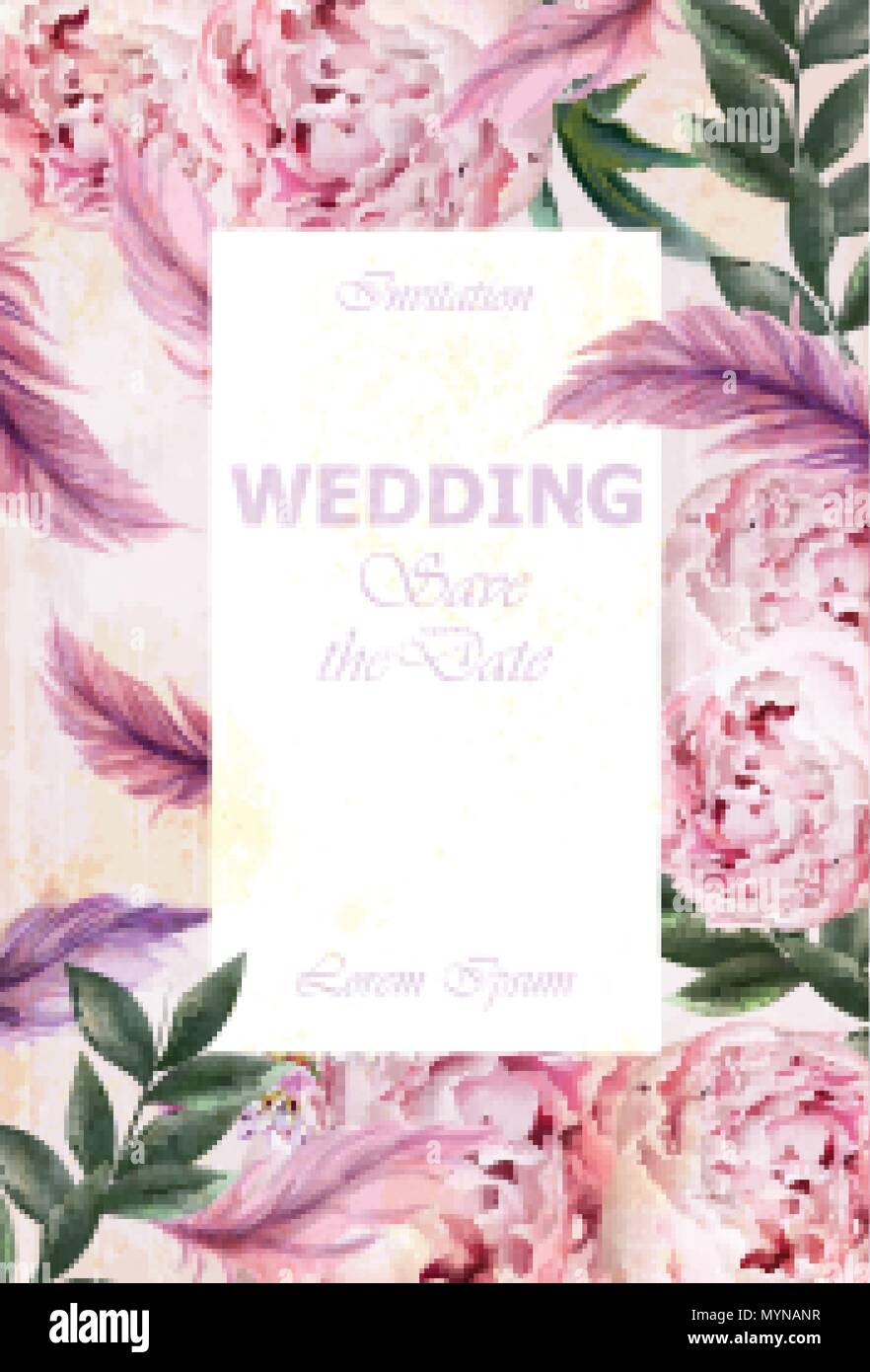 Wedding Invitation peonies bouquet Vector. Vintage floral decor violet ...