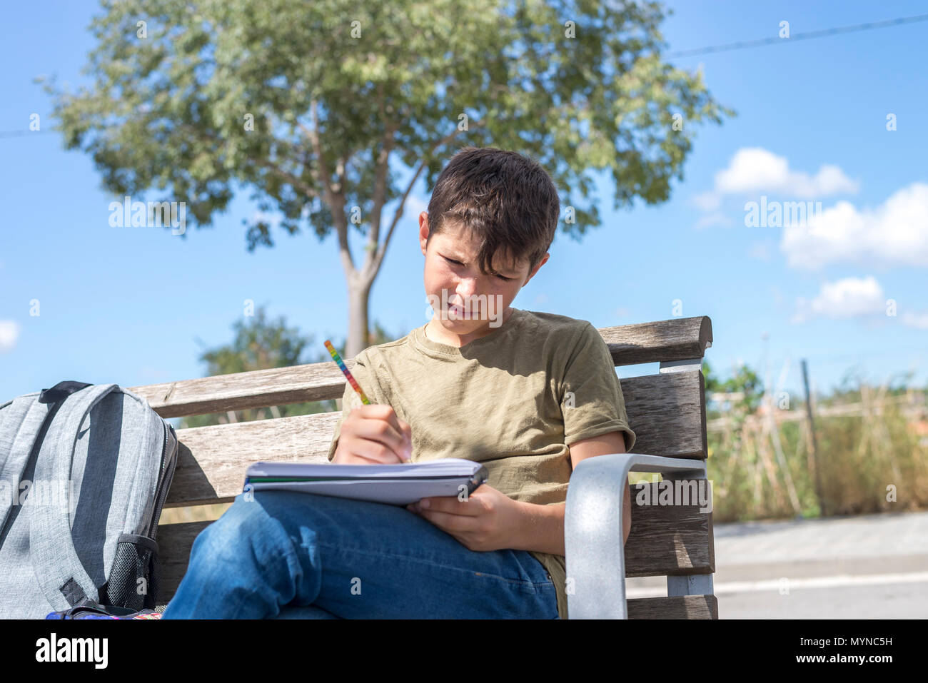 Portrait of a teenager boy sitting on a wood park bench doing his ...