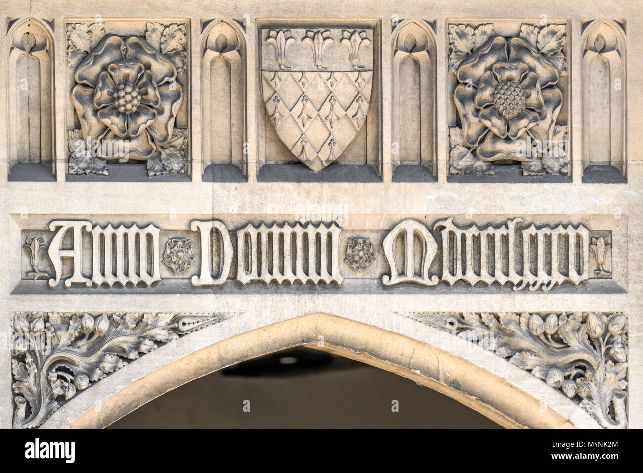Tudor decorative stonework with date of construction above the main ...