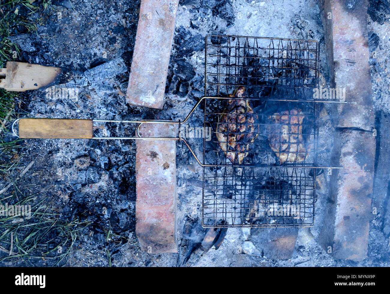 Two pieces of chicken in barbecue grill and fried on coals. Top view ...