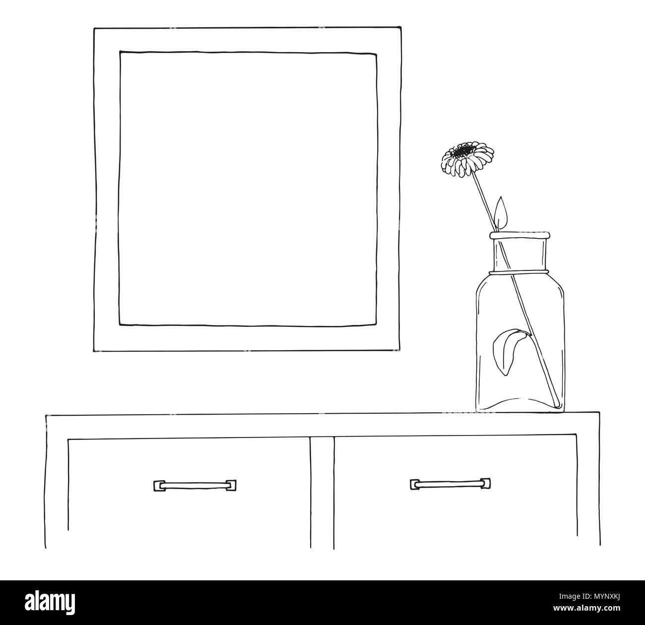 Sketch of the interior. A table, a bedside table, a shelf with various ...