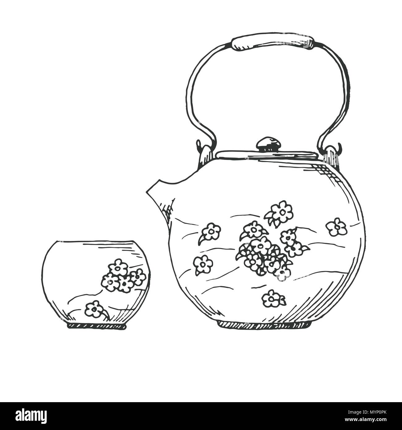 Sketch traditional Asian tea set. Vector illustration Stock Vector ...