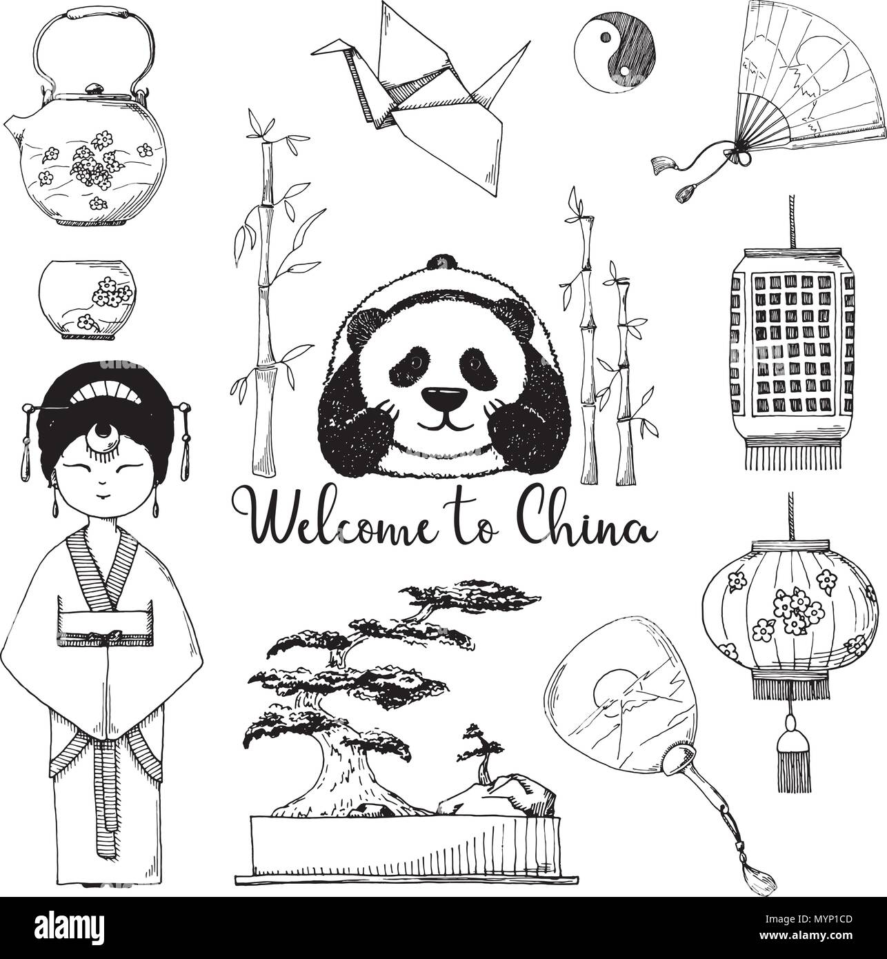 Set of elements of Chinese culture. Vector illustration in sketch style ...