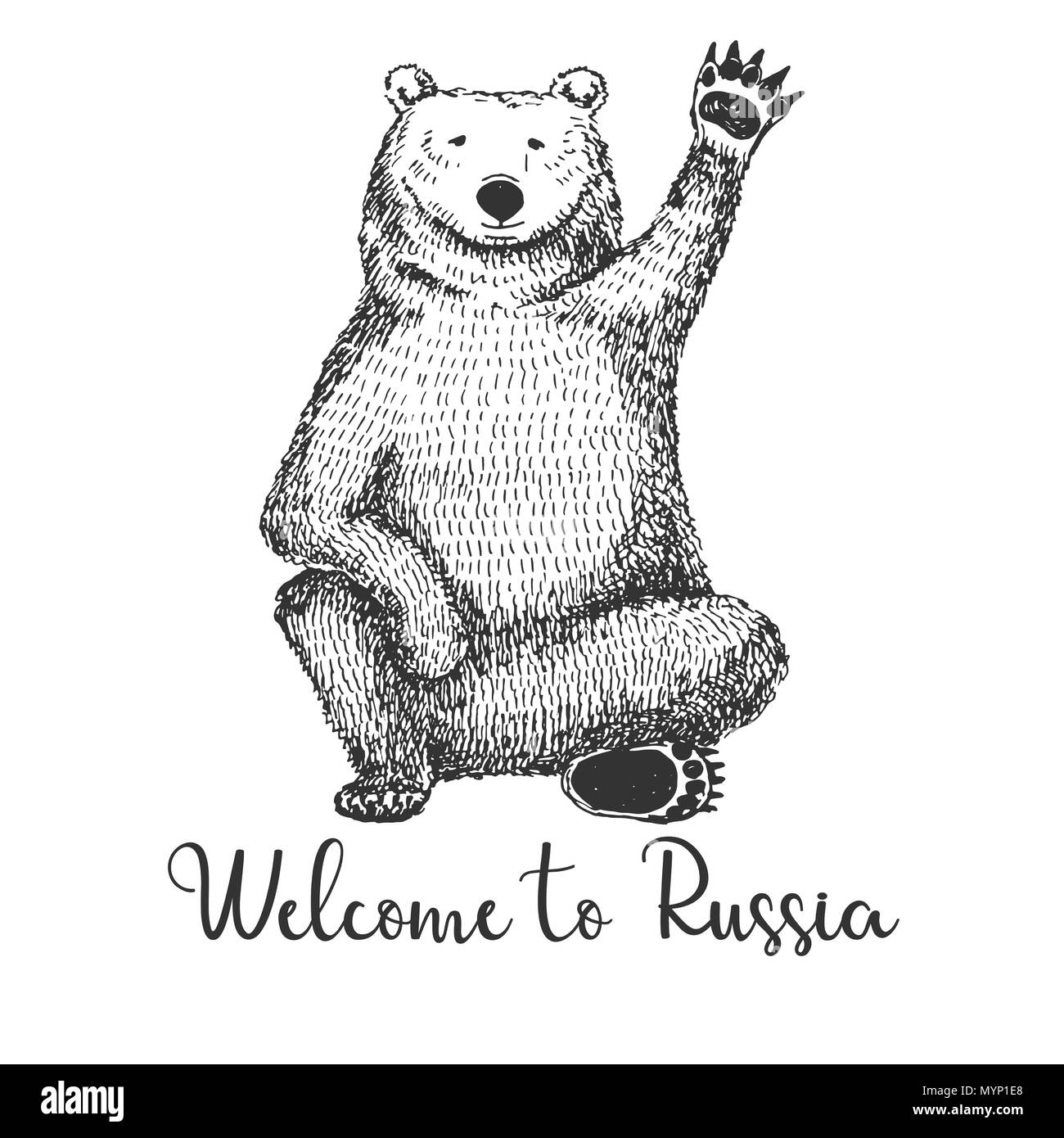 Sketch of a waving bear. Vector illustration. Text Welcome to Russia ...
