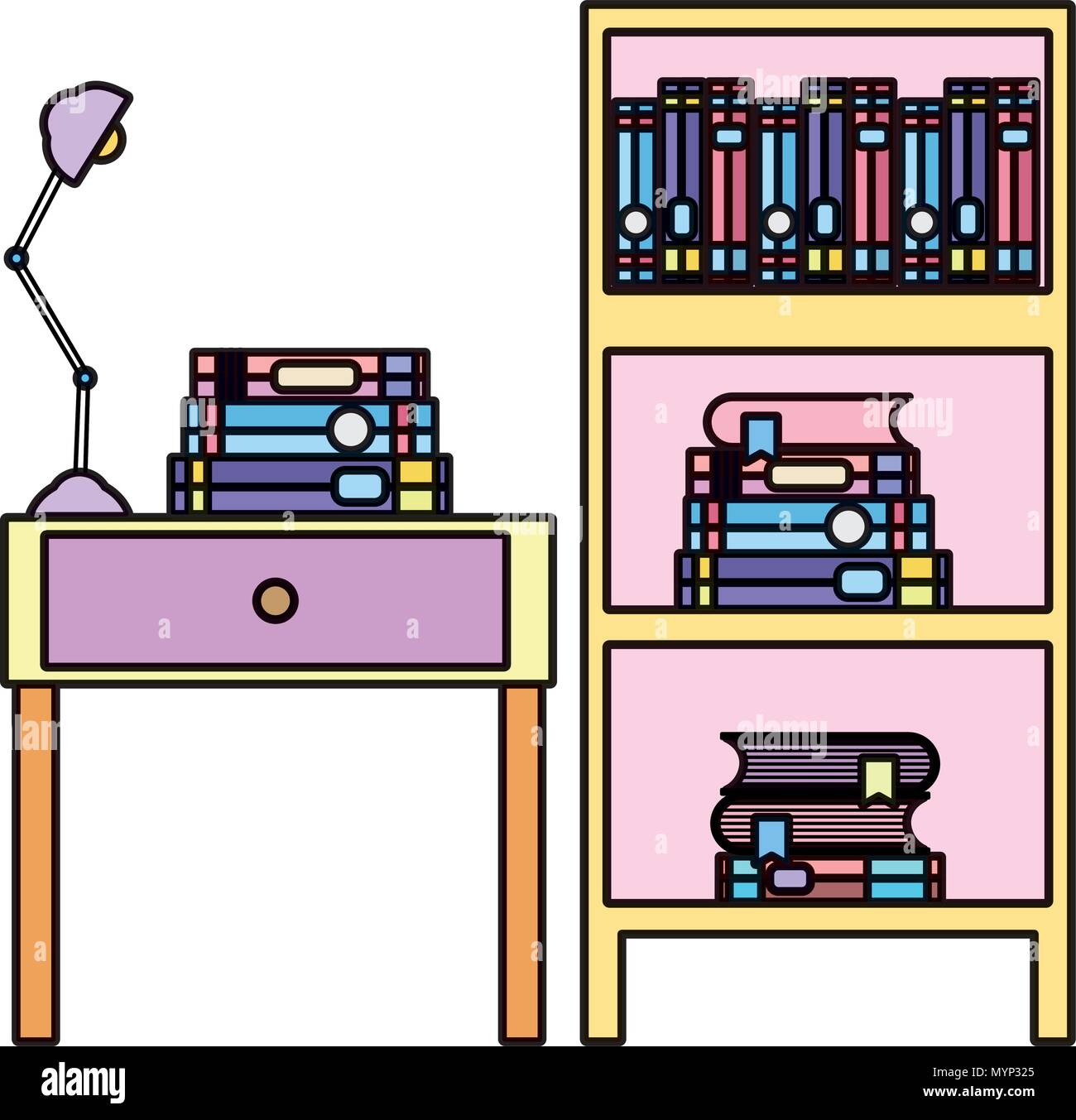 color books and lamp in the table end with bookcase Stock Vector Image ...