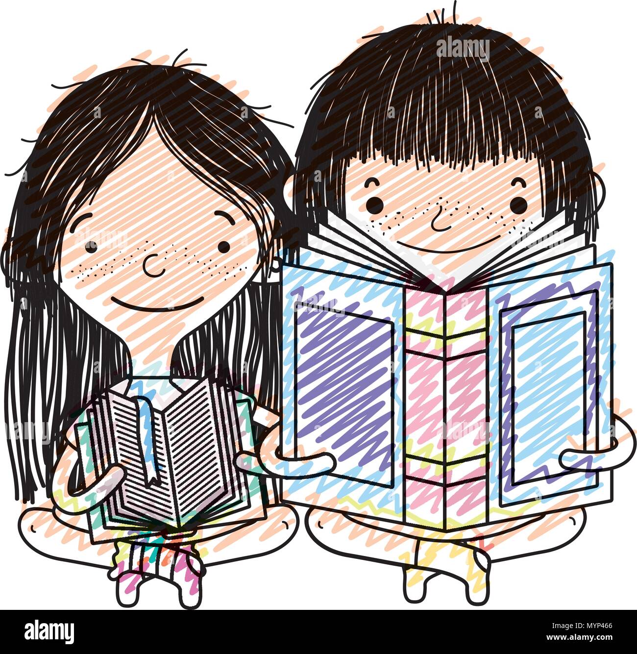 doodle girl and boy sitting and reading education book Stock Vector ...