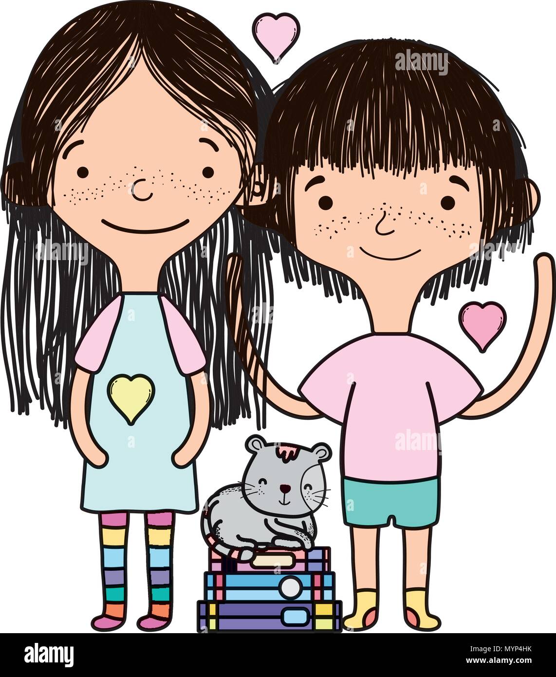color girl and boy together with cat in the books Stock Vector Image ...