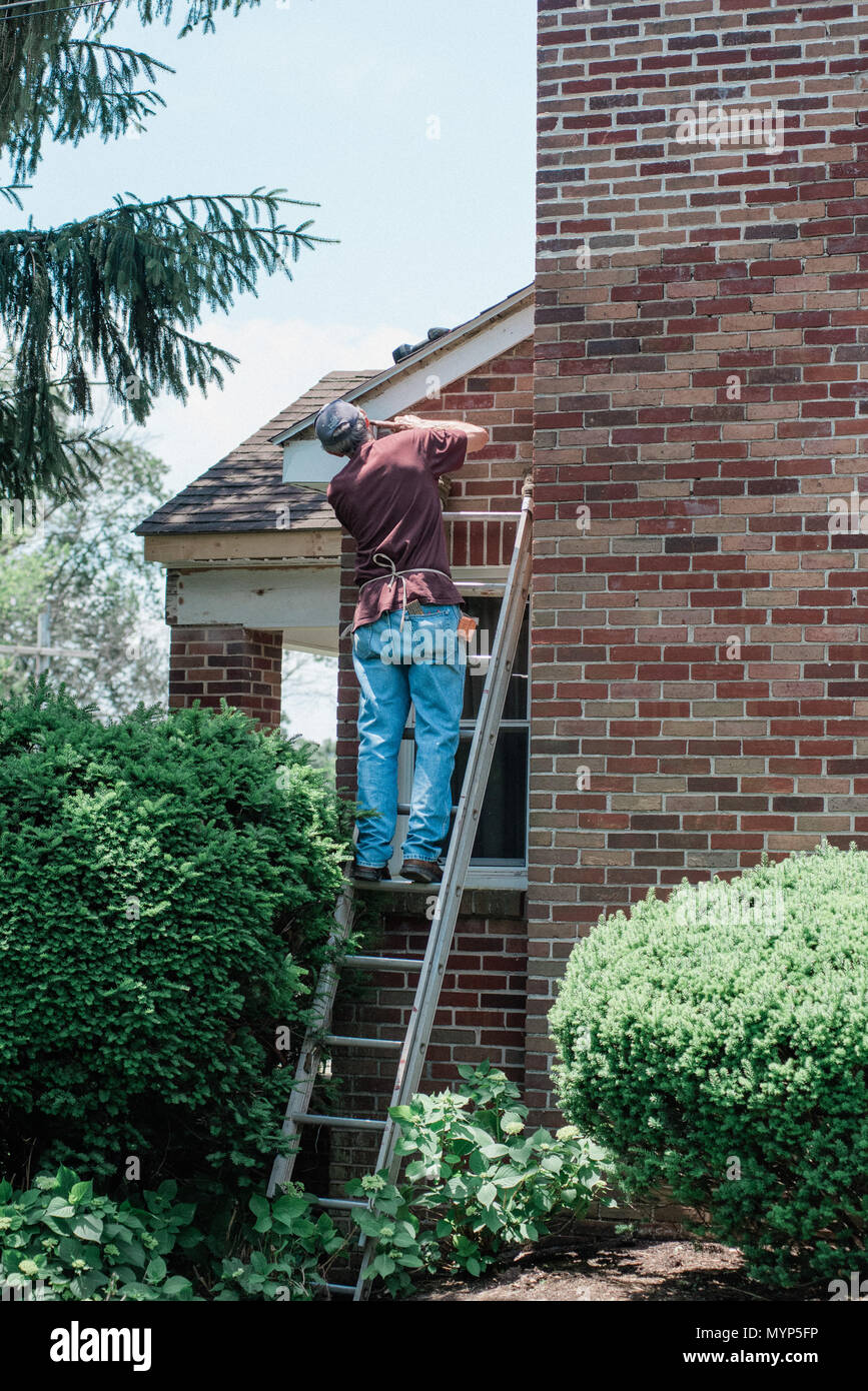 A man on a ladder, working to repair a brick house Stock Photo - Alamy
