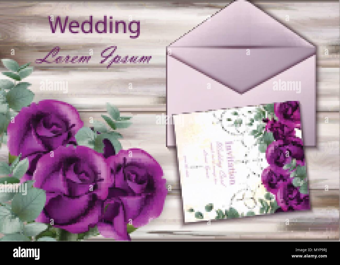 Wedding invitation card Vector. Purple violet roses on wood background ...