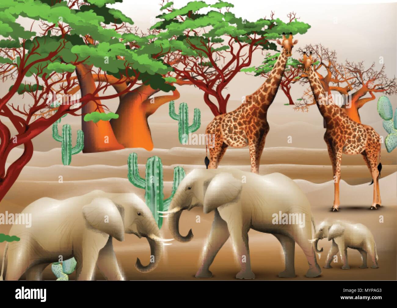 Elephants and giraffes safari background Vector illustration templates ...