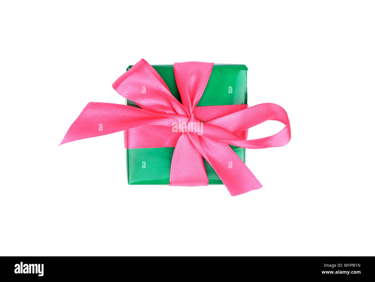 Little green box with a pink ribbon for a gift on a white background ...