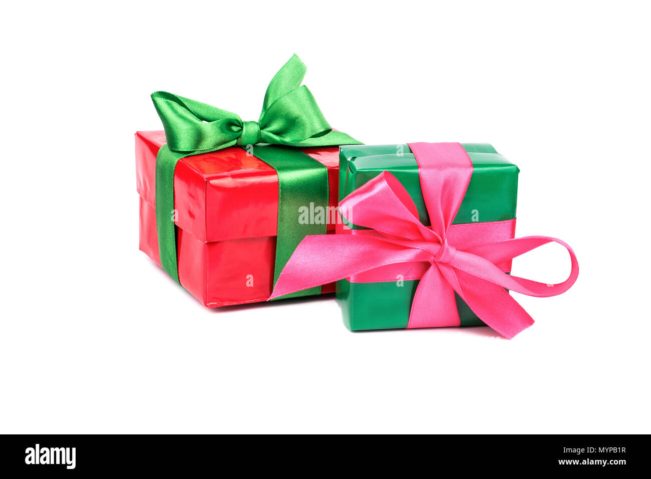 Red and green box with ribbons for gifts on a white background Stock ...
