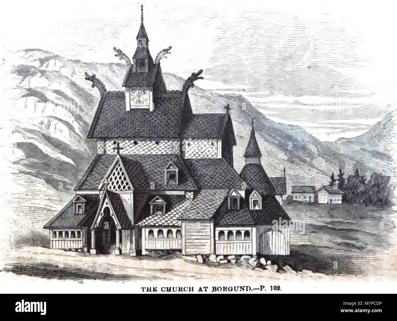 . English: A sketch showing the Borgund stave church. 1857. Charles ...