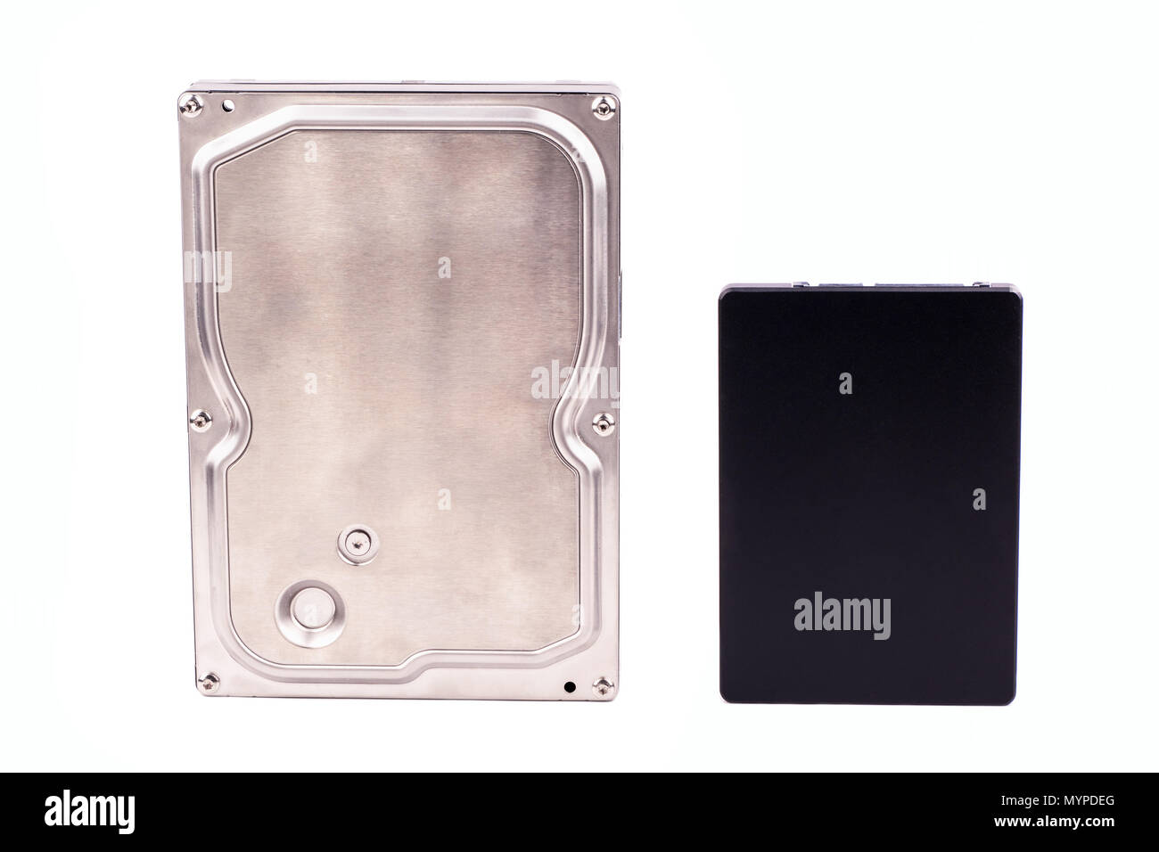 Hard disk drive (HDD) and solid state drive (SSD) on a white background ...
