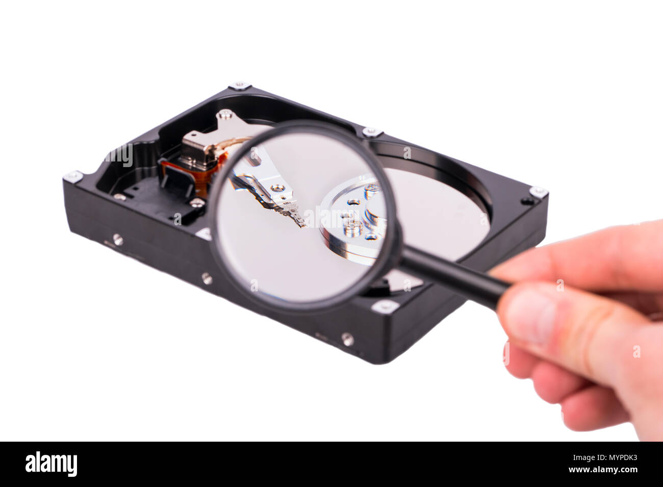 The idea of finding and diagnosis of a hard drive with a magnifying ...