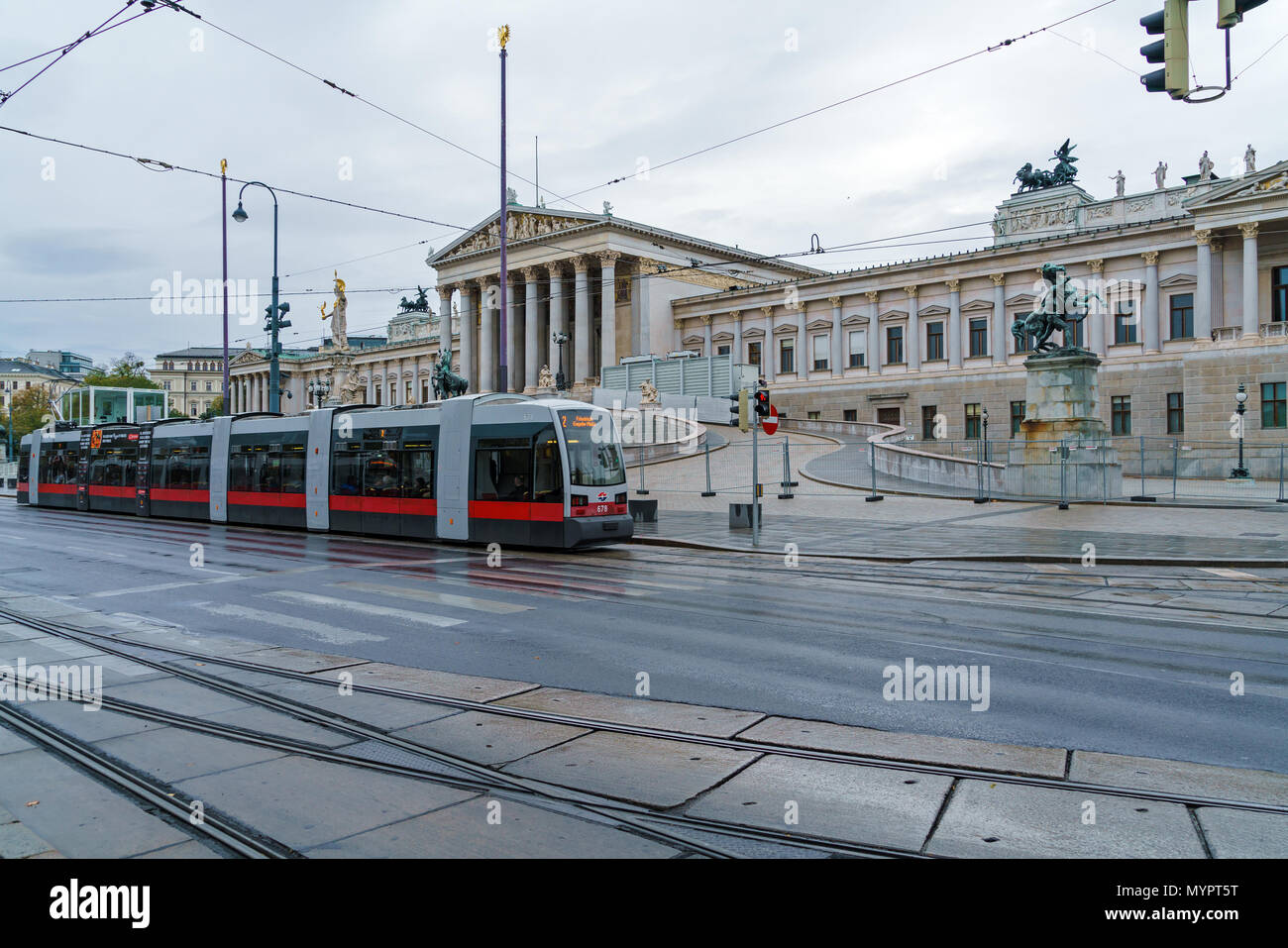 Vienna, Austria - October 22, 2017: Modern city tram on Ringstrasse and ...