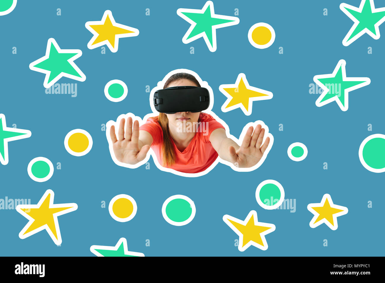 A girl with glasses of virtual reality flies among the stars. Creative ...