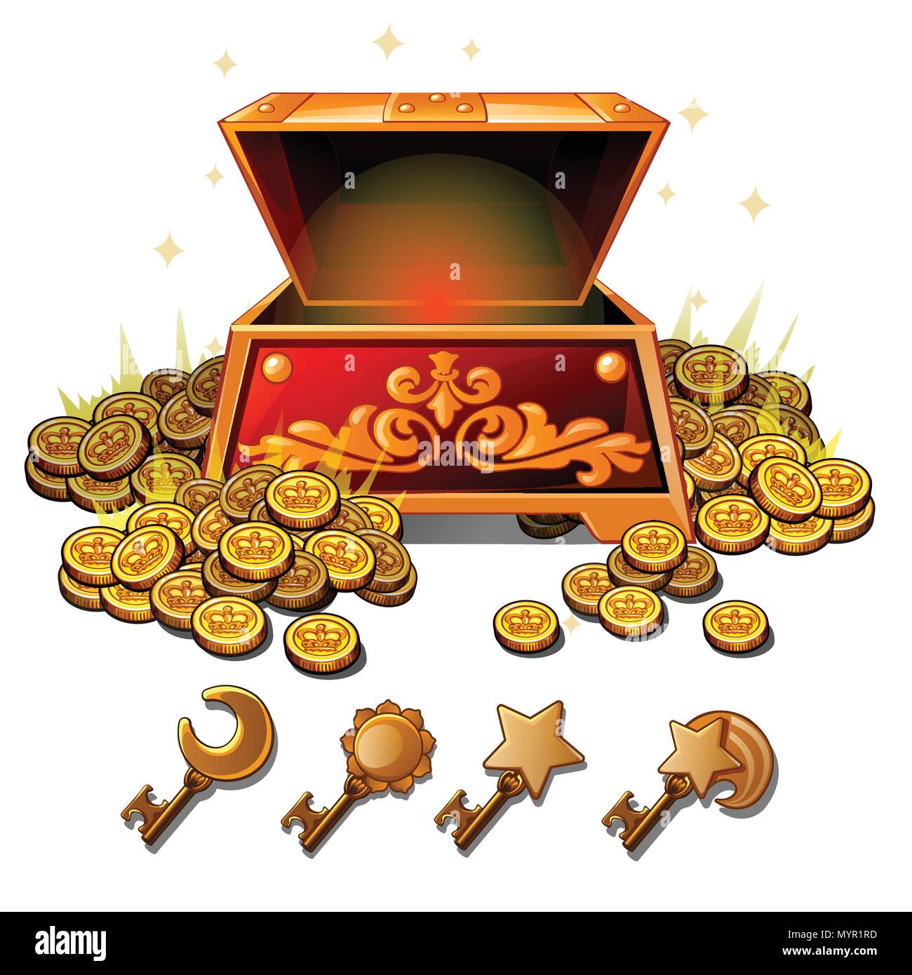 A set of keys from the chest of gold coins. Vector illustration Stock ...