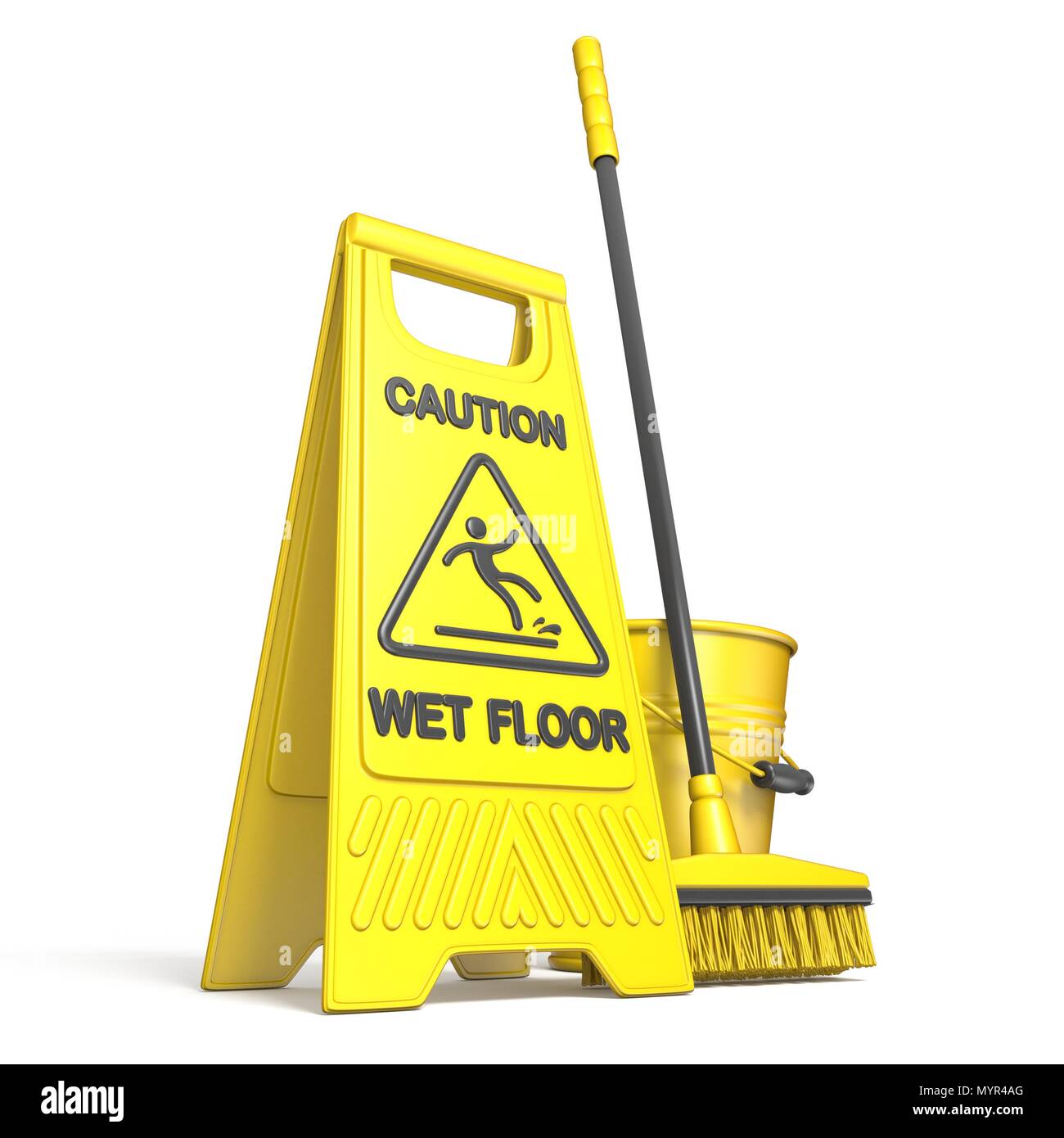 Yellow wet floor sign, bucket and mop 3D rendering illustration ...