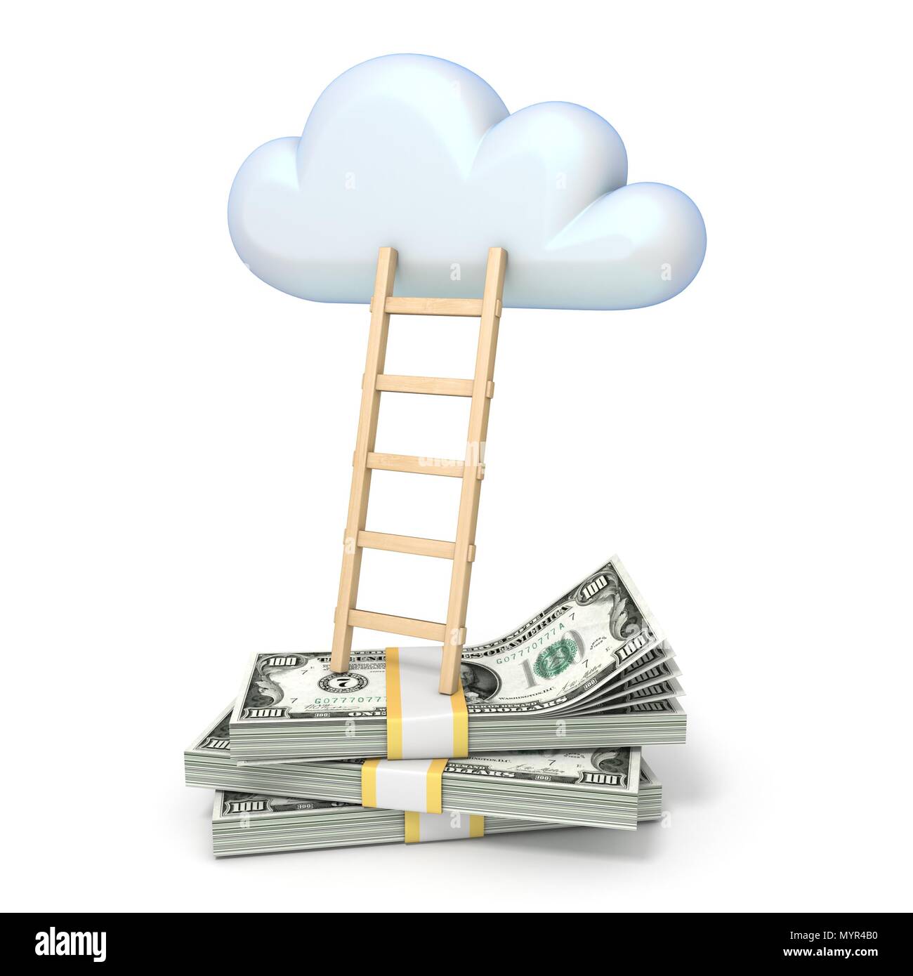 Cloud shape and ladder over dollars banknotes 3D rendering illustration ...