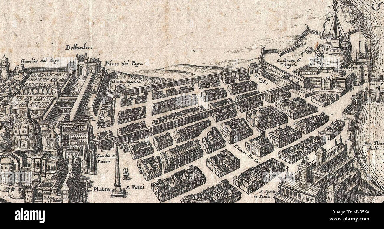 . Deutsch: Matthäus Merian, Plan der Stadt Rom 1652, Ausschnitt: Mauern ...