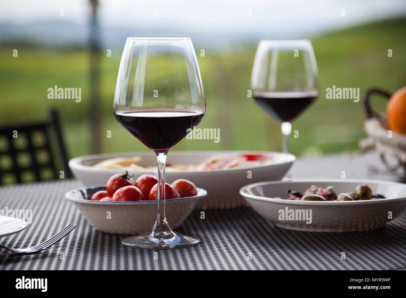 lunch with a view - table against beautiful landscape in Tuscany Stock ...