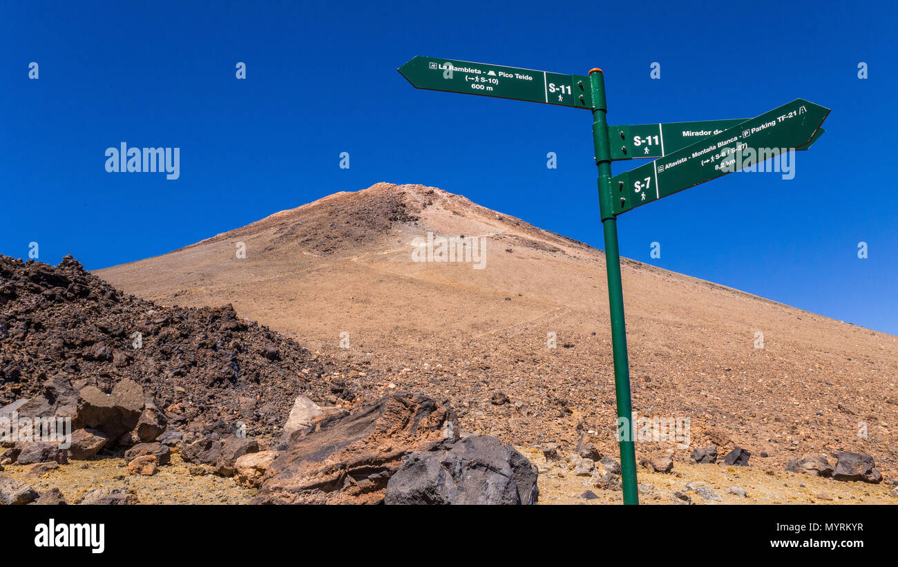 Signposts on Mount Teide , Tenerife, Canary Islands, Spain Stock Photo ...