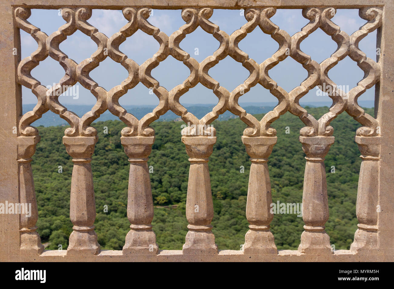 Recently carved marble railing of the Bhangarh Fort overlooking Alwar ...