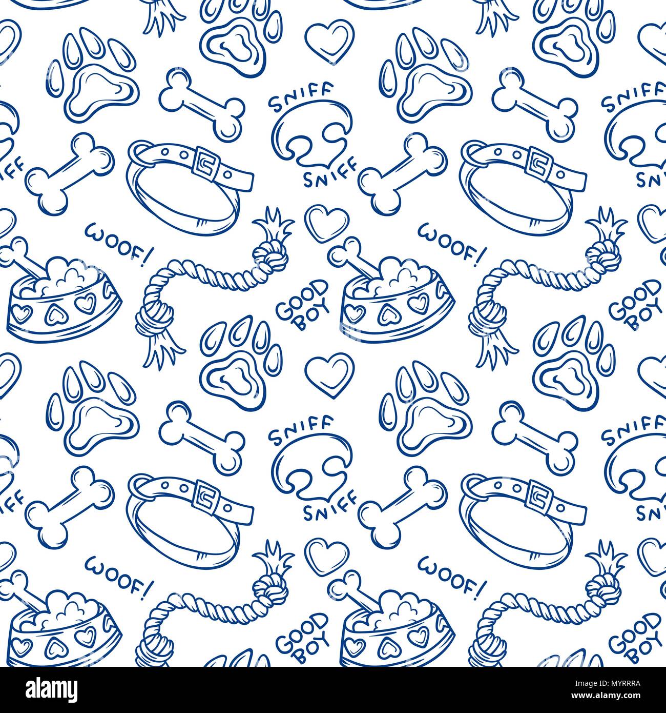 Dogs Stuff outline white icons, vector seamless pattern with a ...