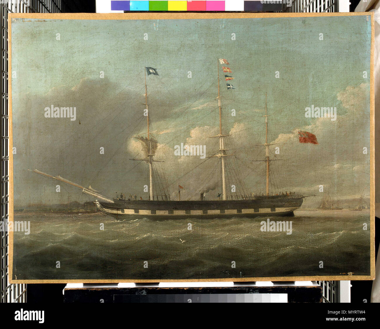 . English: An Indiaman towed by a tug Ship portrait. Painting. An ...