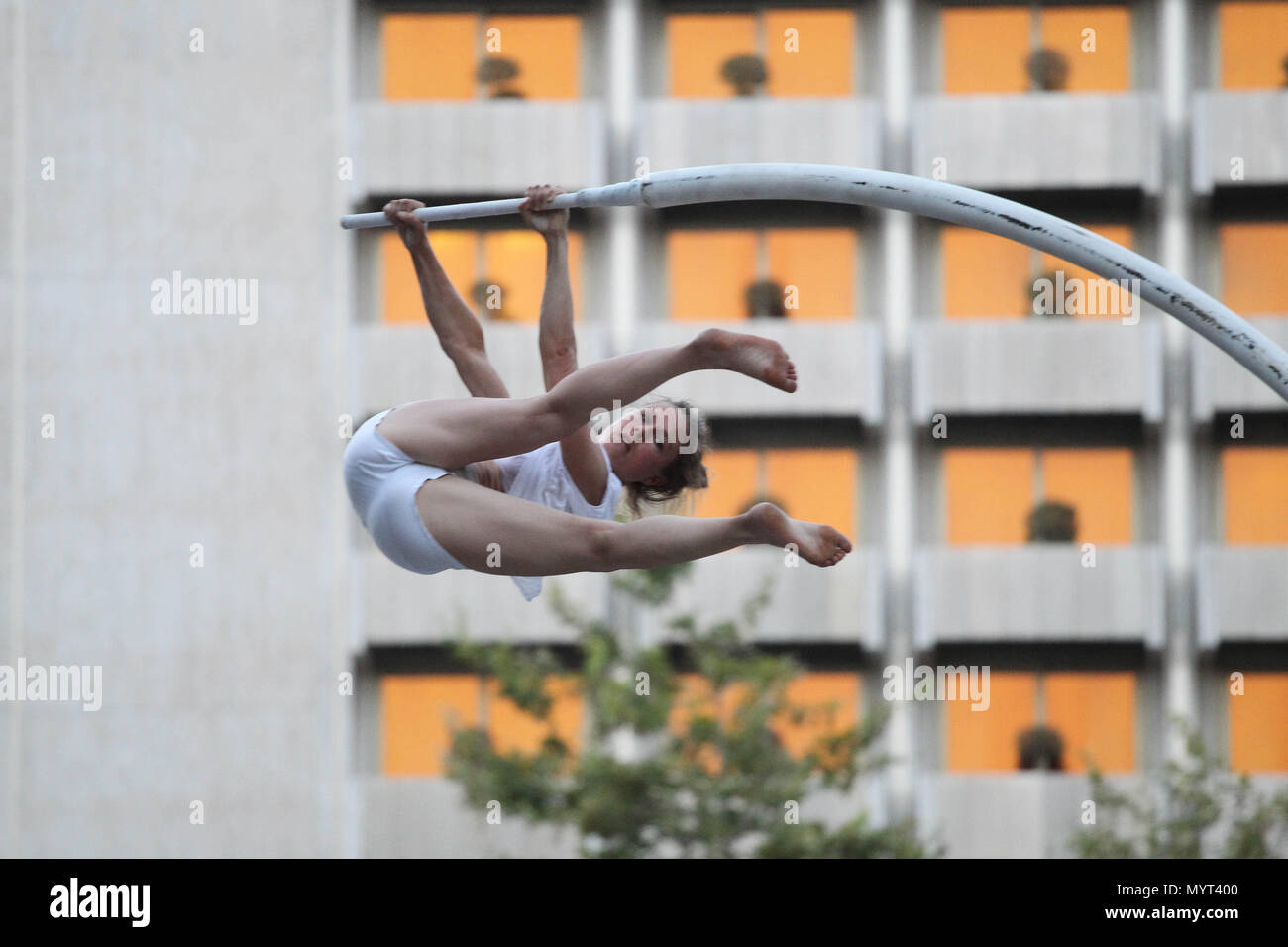 Athens, Greece. 7th June, 2018. French performer CHLOE MOGLIA hanging ...
