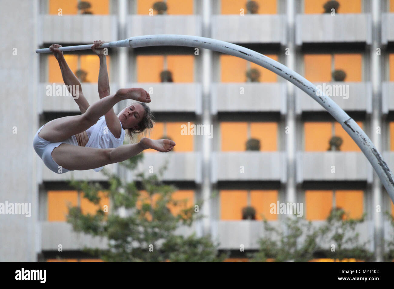 Athens, Greece. 7th June, 2018. French performer CHLOE MOGLIA hanging ...