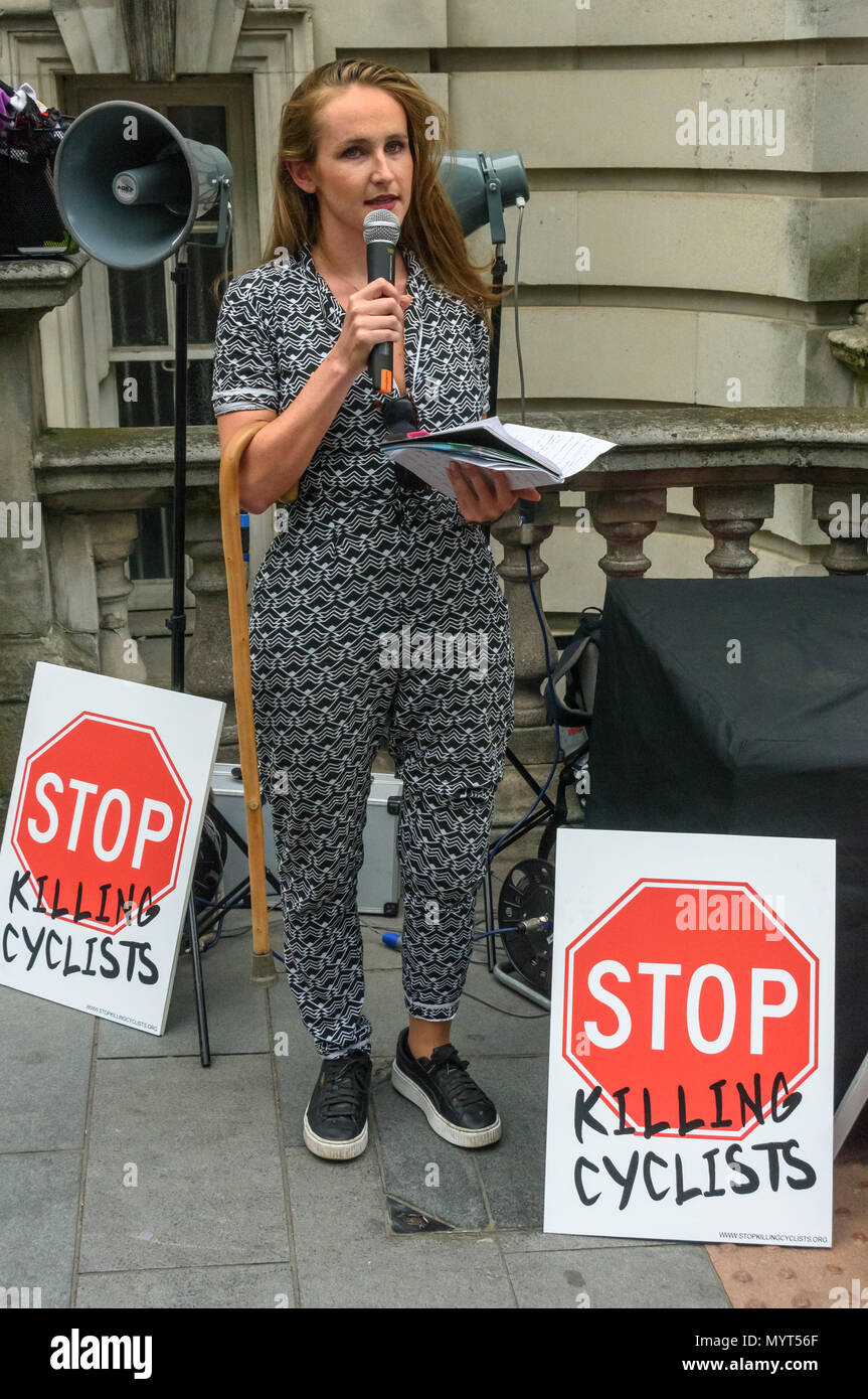 London, UK. 7th June 2018. Victoria Lebrec, a cyclist who had to have a ...